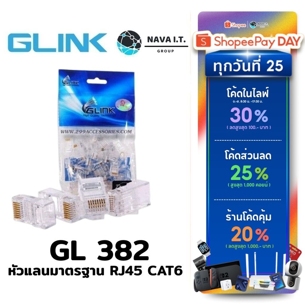 🛵มีส่งด่วน💨 GLINK GL382 GL-382 หัวแลน RJ45 CAT6 ถุงละ 50 หัว | Shopee Thailand