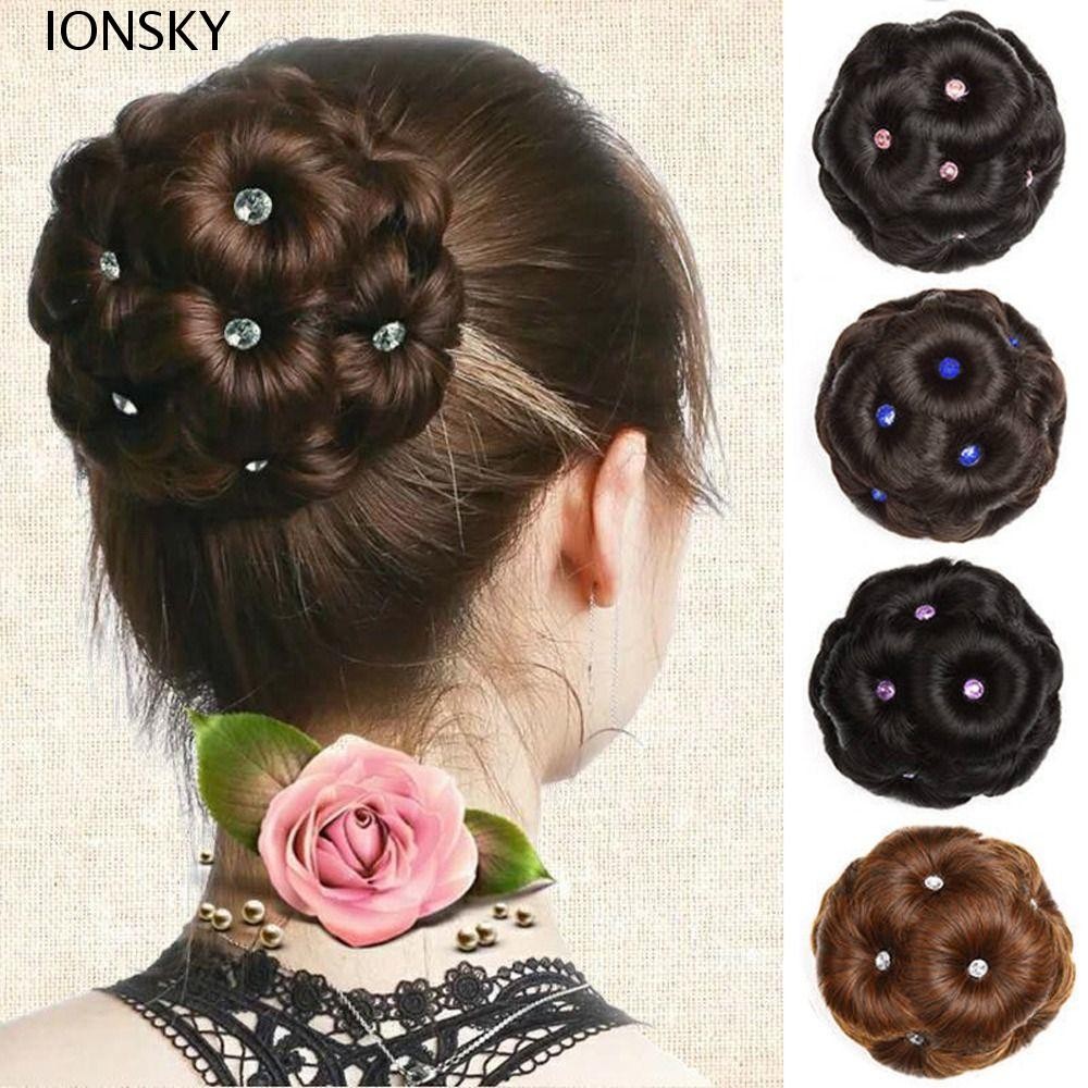 Ionsky เก้าดอกไม้ Chignon, Natural Scrunchie Crystal Synthetic Bun ...