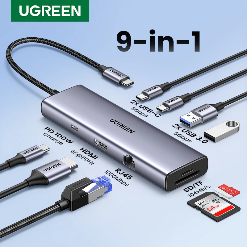 Ugreen USB C Hub Splitter Type-C to HDMI 4K60Hz 9-in-1 Full-Function ...