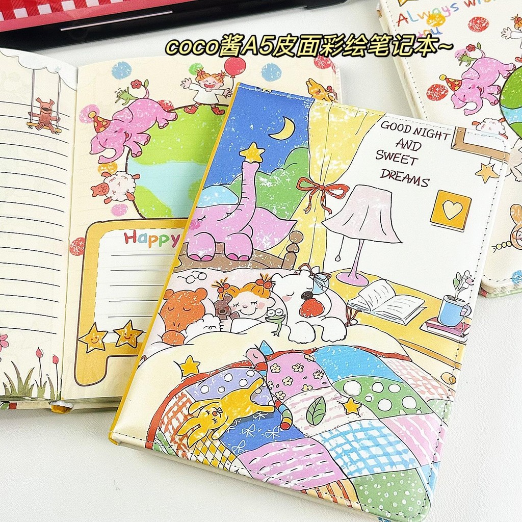 Coco Sauce Leather Notebook A5 Full Color Painted หน้าด้านในนักเรียนน่ารักมูลค่าสูงคู่มือแนวนอน ...