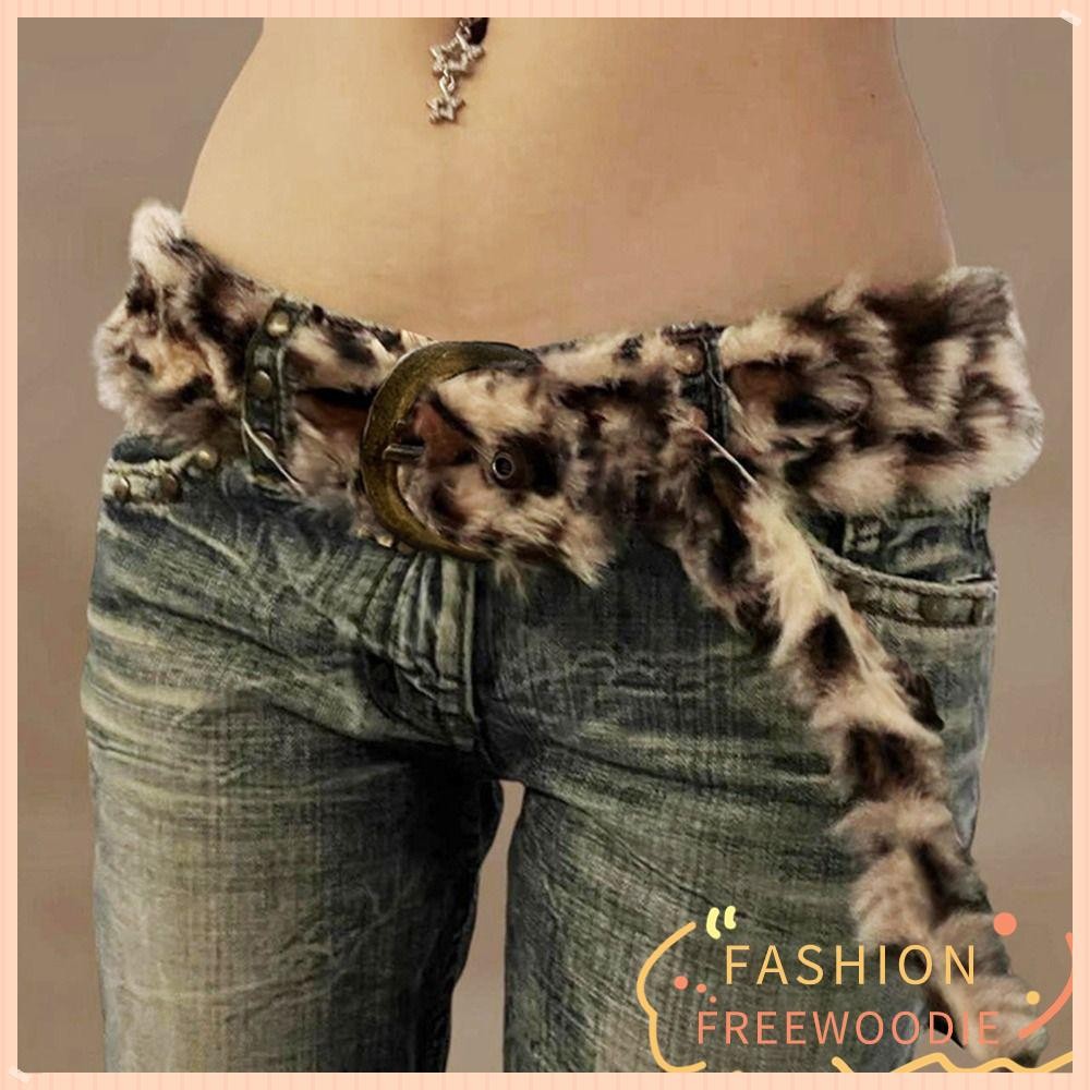 Freewoodie โซ่เอวตุ๊กตา, เสือดาวพิมพ์ Fluffy Punk Fur เข็มขัด, กางเกง ...
