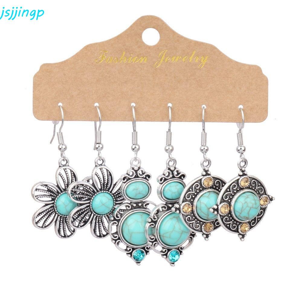Jsjjingp 3 คู่ Turquoises ต่างหูชุด,แกะสลักเงินสี Dangle ต่างหู, Vintage ดอกไม้สไตล์ชาติพันธุ์ ...