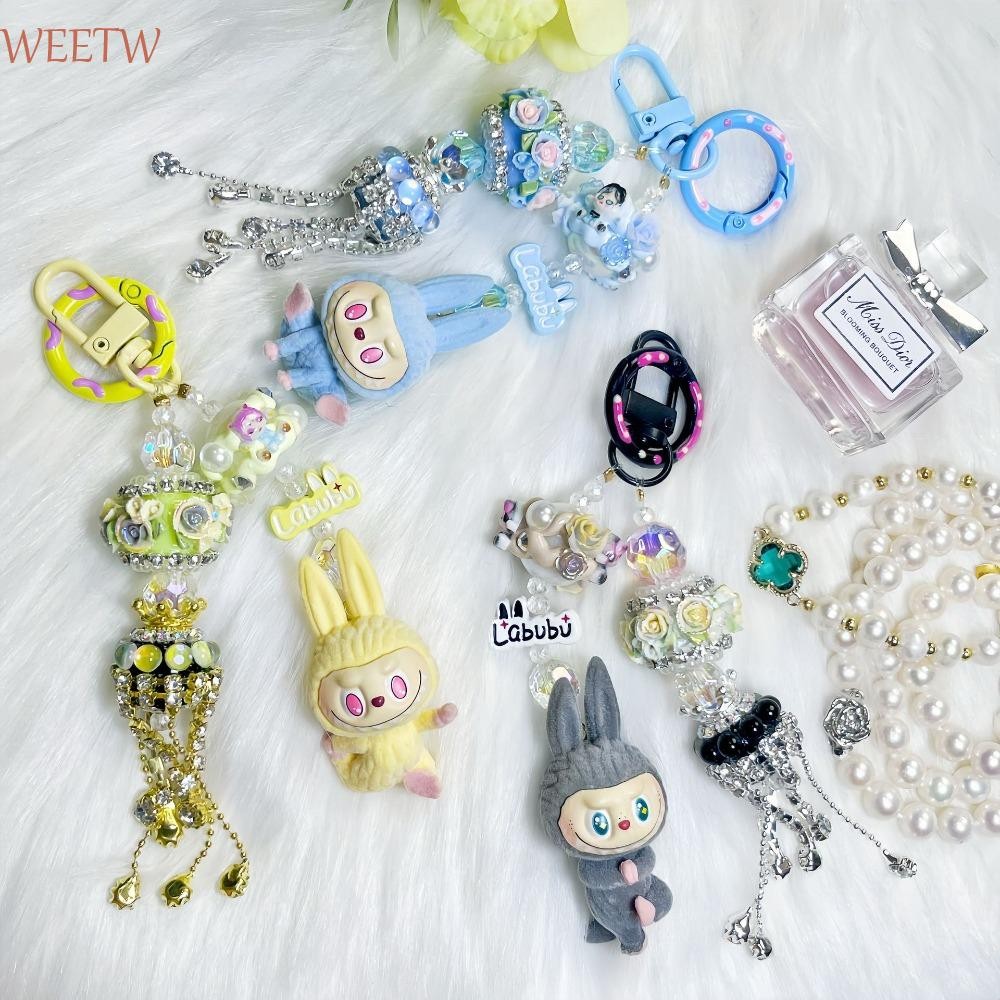 Weekw Flocking Labubu Key Ring, Yoga Pop Mart นั่งลง Labubu จี้, พู่ ...