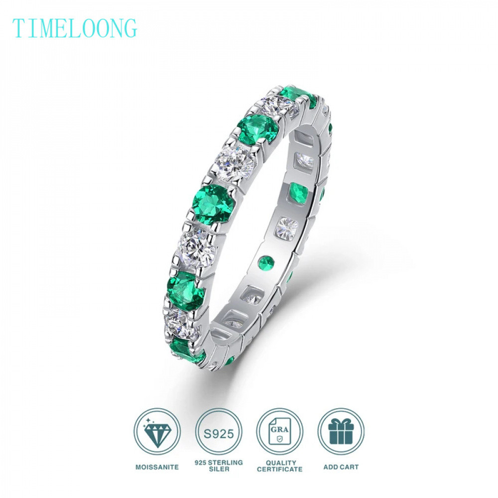 แหวน Ernity Full-Circle 3 มม. Moissanite สีขาวและสีมรกต บนเงินสเตอร์ลิง S925 รับรอง GRA สำหรับ ...