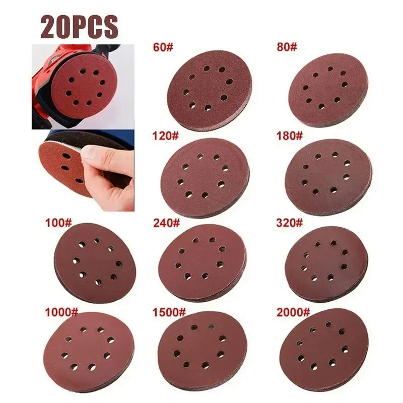 20pcs 5 Inch 125mm Round Sandpaper 8 Hole Sanding Discs Hook & Loop ...