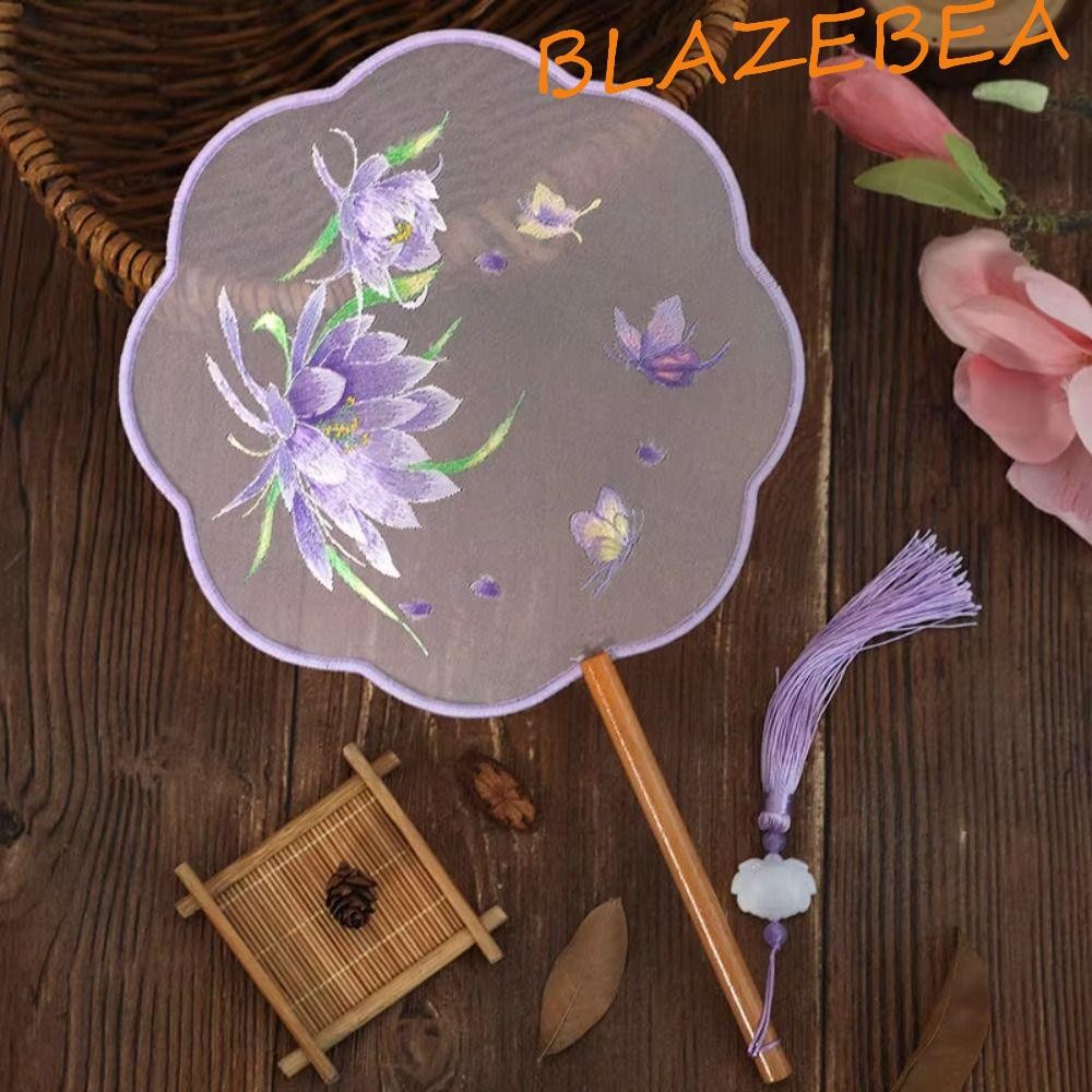 Blazebea พัดลมเย็บปักถักร้อย, พู่ลายดอกไม้สไตล์จีนพัดลมกลม, วินเทจพร้อมจี้มือถือต้วนพัดลมผ้าไหม ...