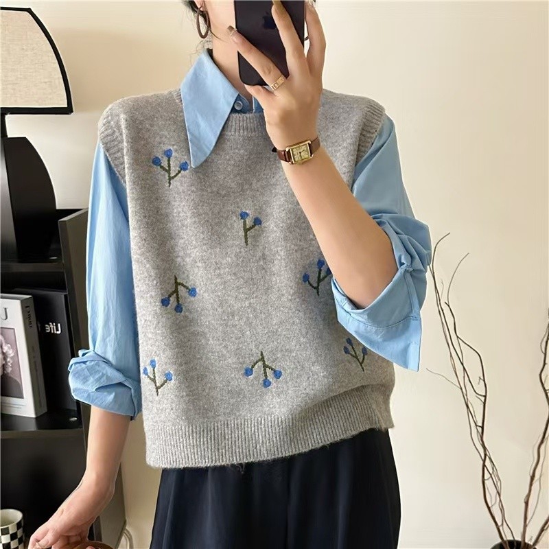 ฤดูใบไม้ร่วงฤดูหนาวเกาหลีรอบคอย้อนยุคดอกไม้ปักอเนกประสงค์ผู้หญิงแขนกุดถักเสื้อกั๊ก 250102 ...