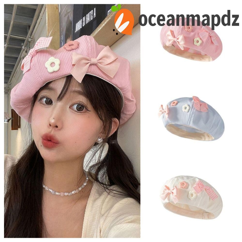 Oceanmapdz โบว์ดอกไม้ Beret, สีทึบ Y2k หมวกแปดเหลี่ยม, บุคลิกภาพสไตล์วิทยาลัยผ้าฝ้ายหมวกฟักทอง ...