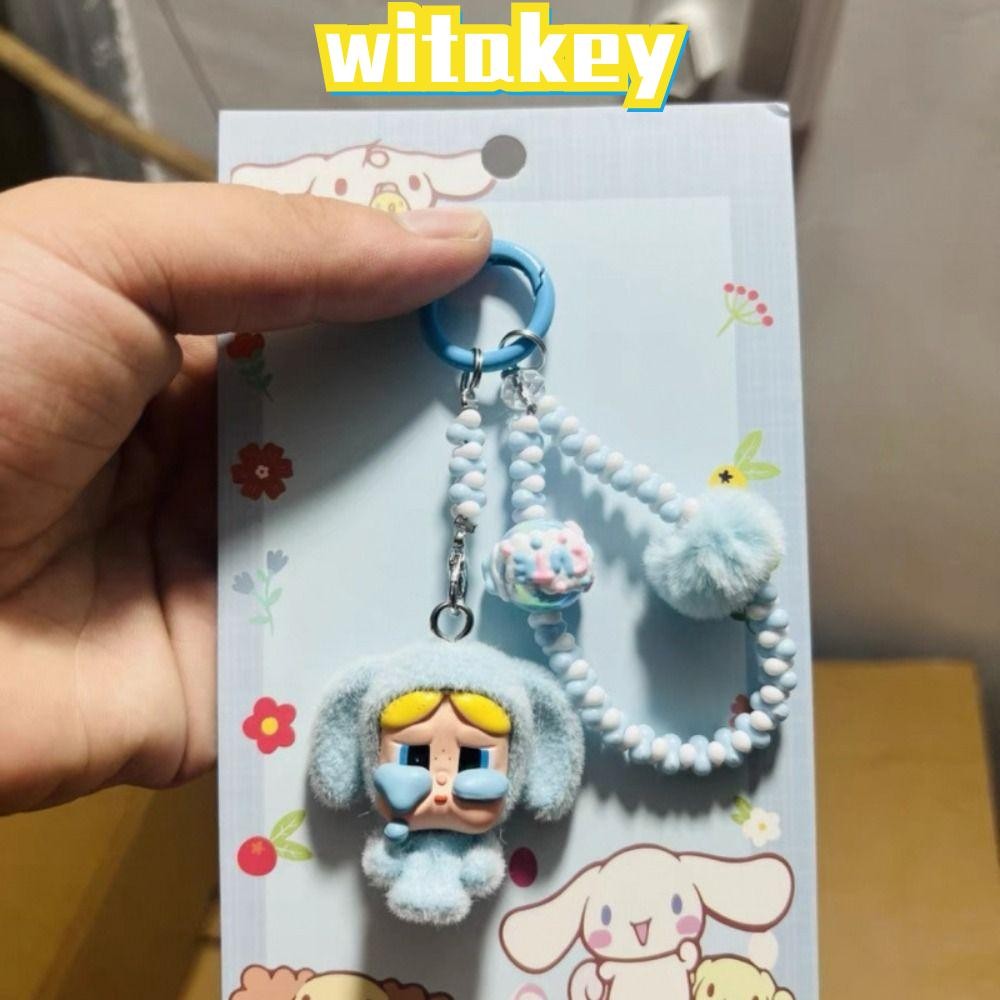 WITAKEY จี้ไวนิล Powerpuff Girls, พวงกุญแจแฮนด์เมดขนาดเล็ก Flocking Pop Mart พวงกุญแจ, พวงกุญแจ ...