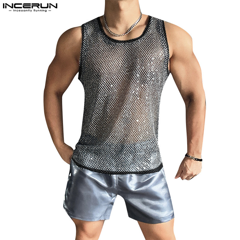 Incerun Men Vintage Daily Casual Glitter Hollow Mesh Sleeve Tanks ...