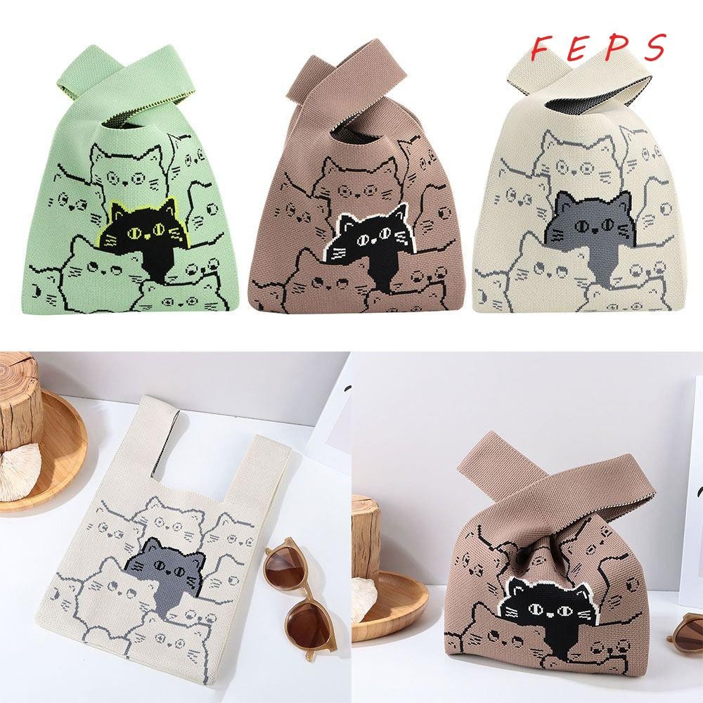 กระเป๋าถือถัก FEPS, กระเป๋าข้อมือถักปมความจุสูง, กระเป๋าแฟชั่น Cat Handmade Tote Bag Girls ...