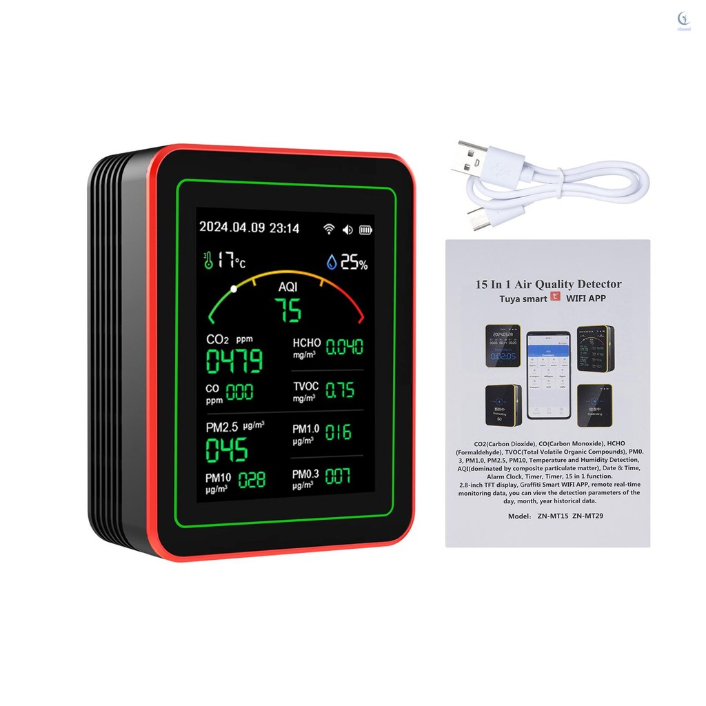 15-in-1 Air Quality Monitor เครื่องทดสอบคุณภาพอากาศอัจฉริยะพร้อม CO/CO2/HCHO/TVOC/AQI/PM0.3/PM1 ...