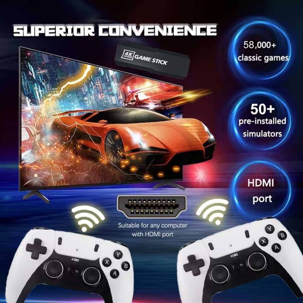 58000+ 4K HDMI TV Video Game Stick Retro Gaming Console w/ 2 Wireless ...