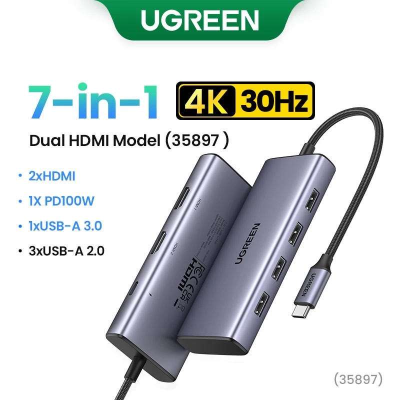 Ugreen USB C Splitter 7-in-1 Type-C ถึง 4K PD 100W USB3.0/2.0 Dual HDMI ...