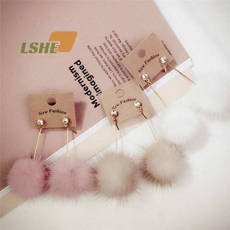 [LSHE] Soft Fur Ball Pompom ต่างหูยาว Drop Dangle ต่างหูผู้หญิงหู Studs ...