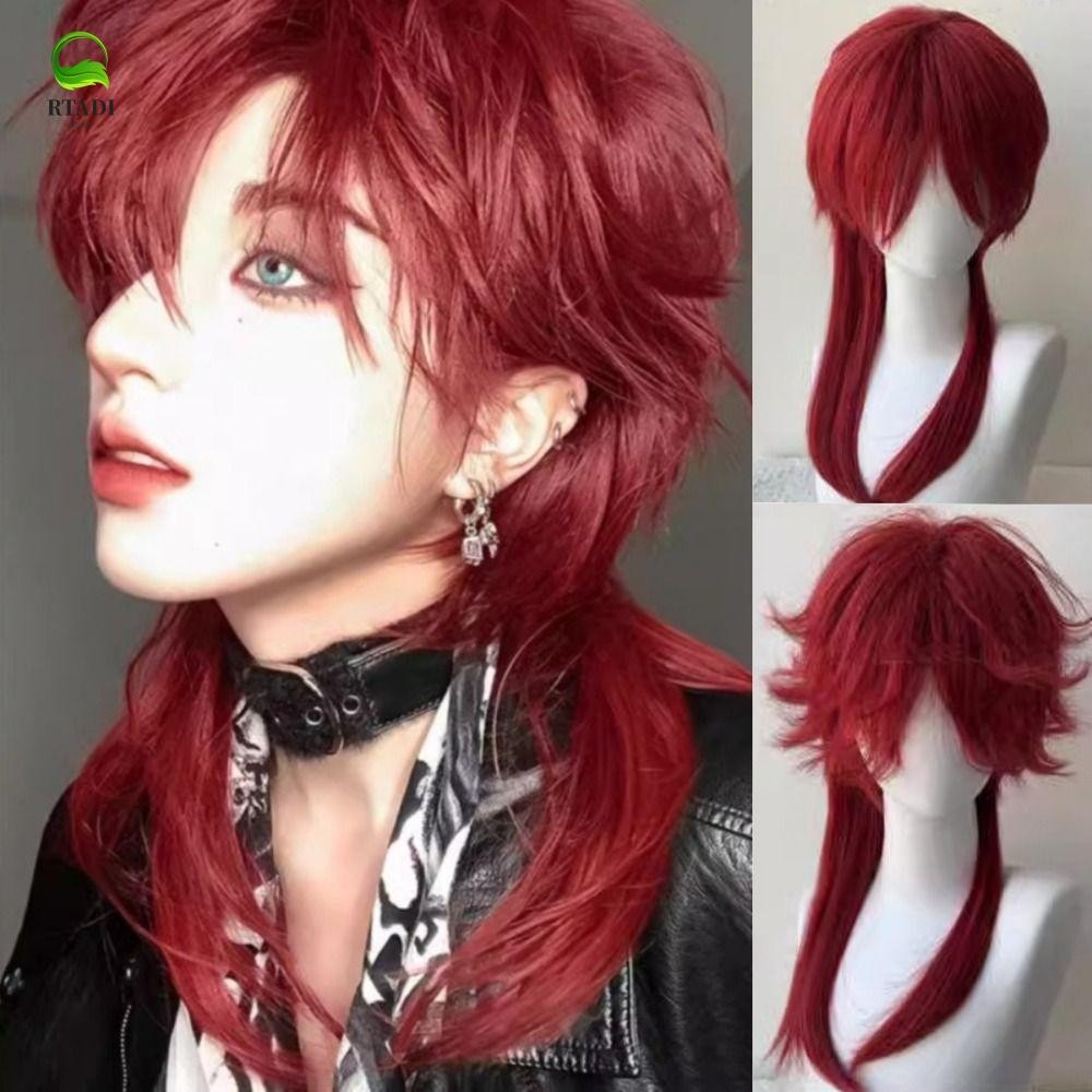 Rtadi สีแดงยาวตรงวิกผม, Lolita คอสเพลย์ Samurai Head Mullet หัววิกผม ...