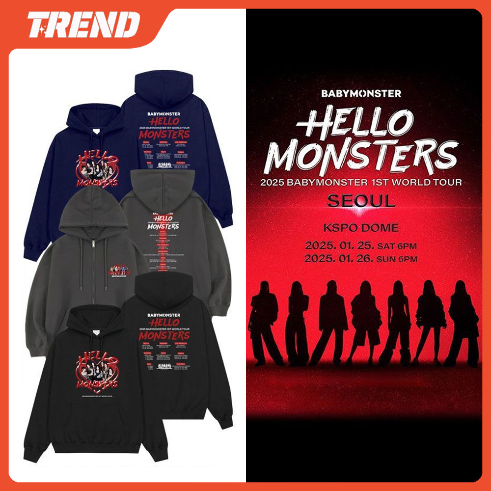 2025 BABYMONSTER 1st WORLD TOUR Merch Zip-up Hoodie ผู้ชายและผู้หญิงวินเทจแฟชั่นหลวมพิมพ์เสื้อ ...