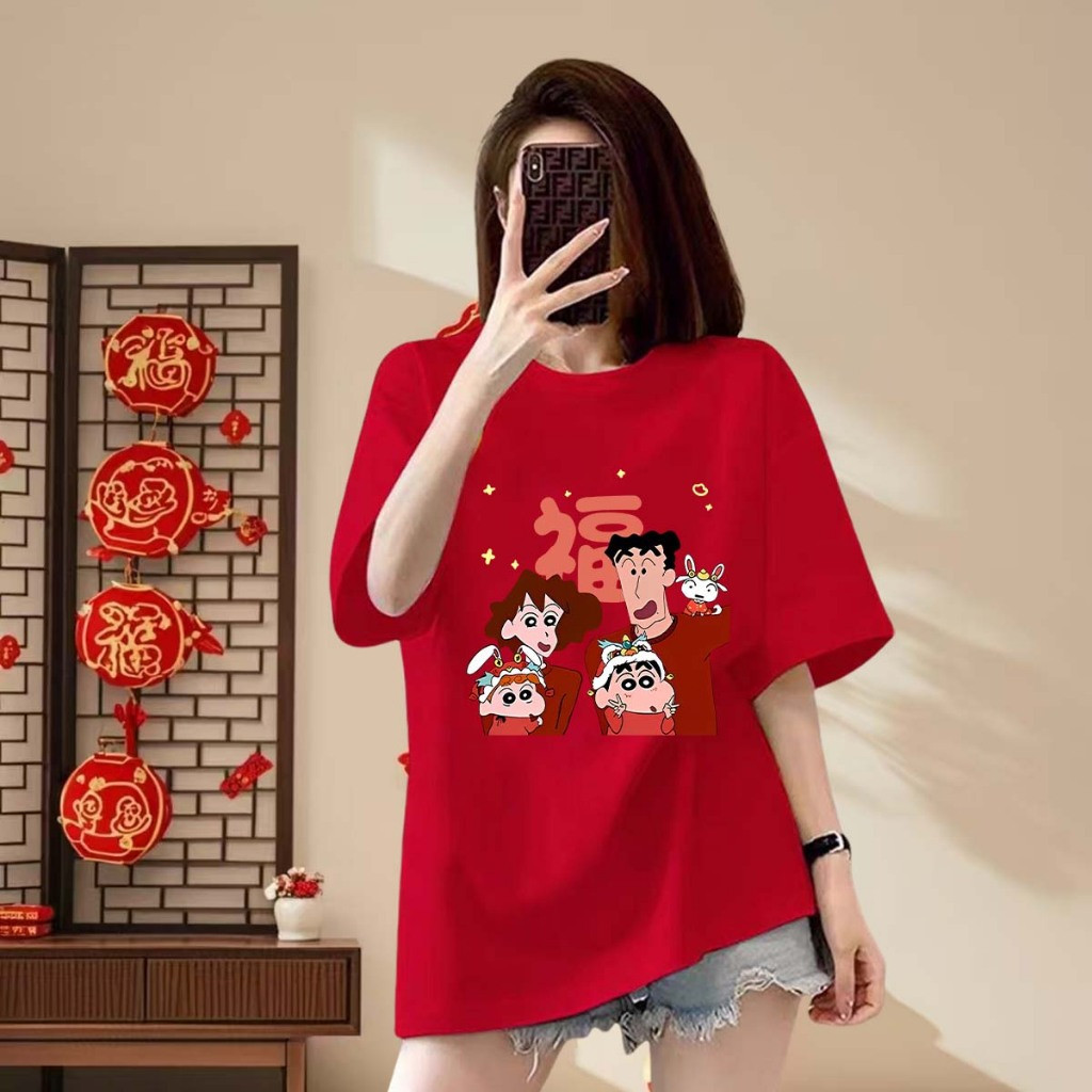 (จัดส่งตลอด 24 ชั่วโมง）Angle Official2025 ตรุษจีนงูเสื้อยืดโคมไฟสีแดงผ้าฝ้ายแขนสั้น 100% S-3XL ...