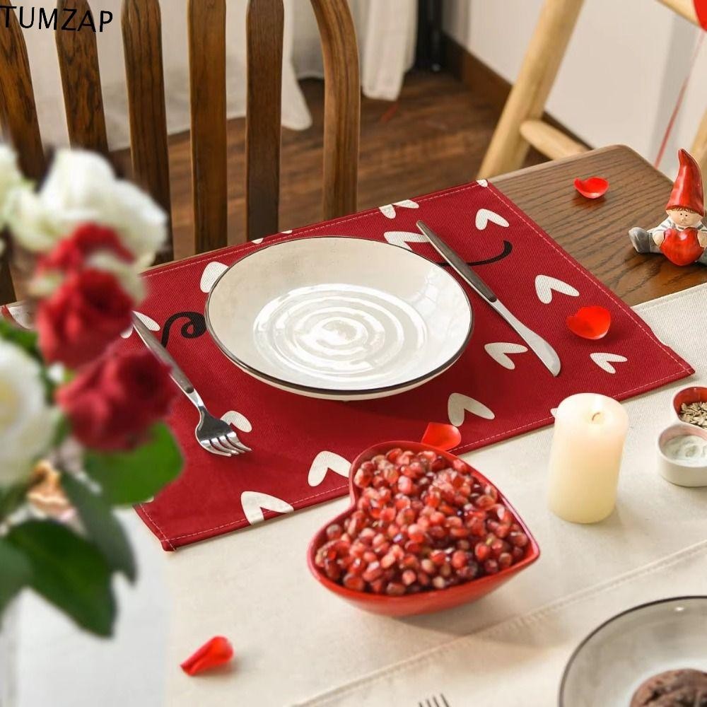 Tumzap 4 ชิ้น Red Love Hearts เสื่อโต๊ะ, ผ้าลินิน 30x45 ซม. แผ่นรองจานวันวาเลนไทน์, เสื่อโต๊ะ ...