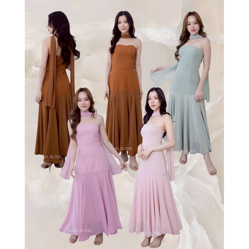 ชุดเดรสเกาะอก ชุดราตรี เดรสออกงาน TP066 ปาดไหล่ ชายกระโปรงชีฟอง ผ้าพาดคอ พร้อมส่ง Dress ผู้หญิง ...