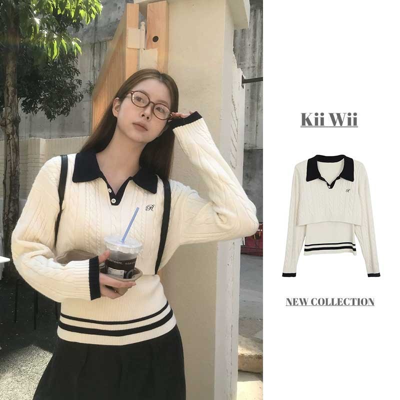 ฤดูใบไม้ร่วงฤดูหนาวเสื้อกล้ามเกาหลีพลิกปกอเนกประสงค์ของผู้หญิงแขนยาวเสื้อถัก 250102 | Shopee ...