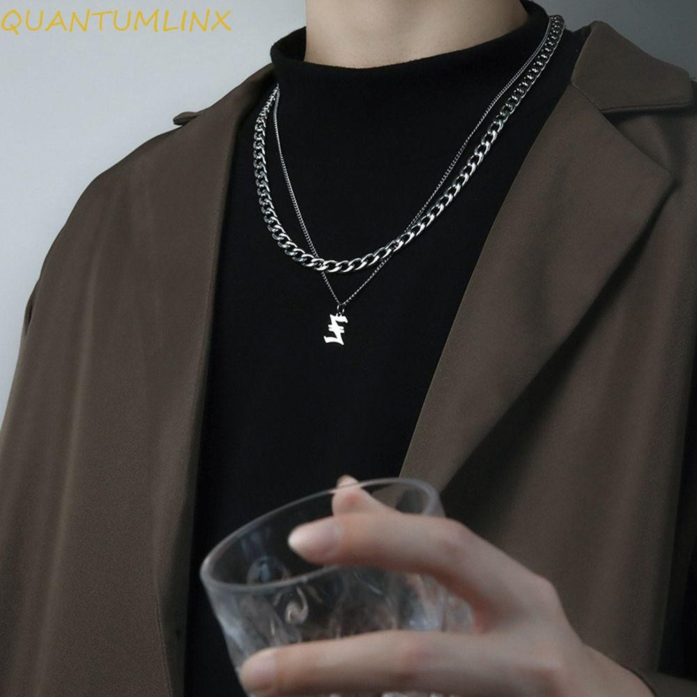 Quantuml สร้อยคอเหล็กไทเทเนียม Hip Hop Double Layer Men โซ่หนาของขวัญ ...