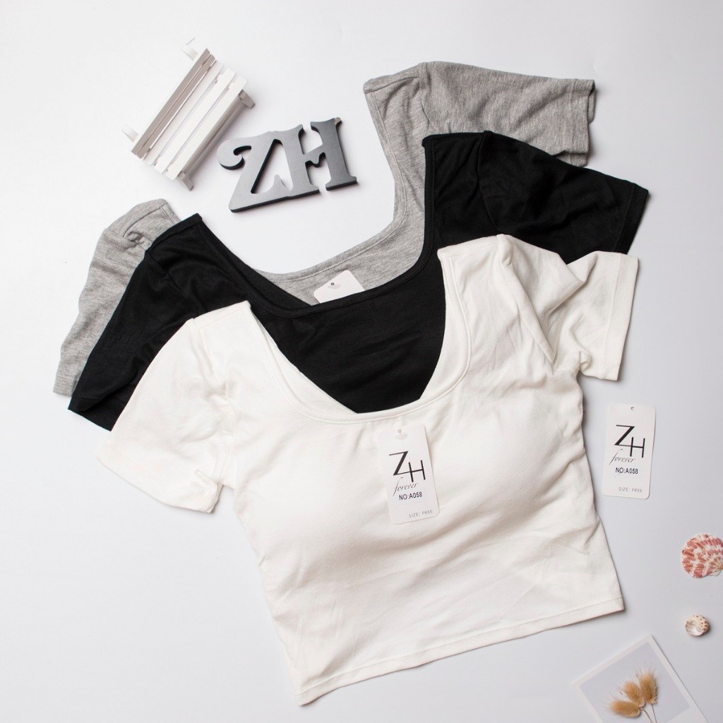 zh-forever.A058 เสื้อครอปแขนสั้นโชว์หลัง เสื้อหลังไขว้ฟองน้ำในตัว ผ้าเร ...