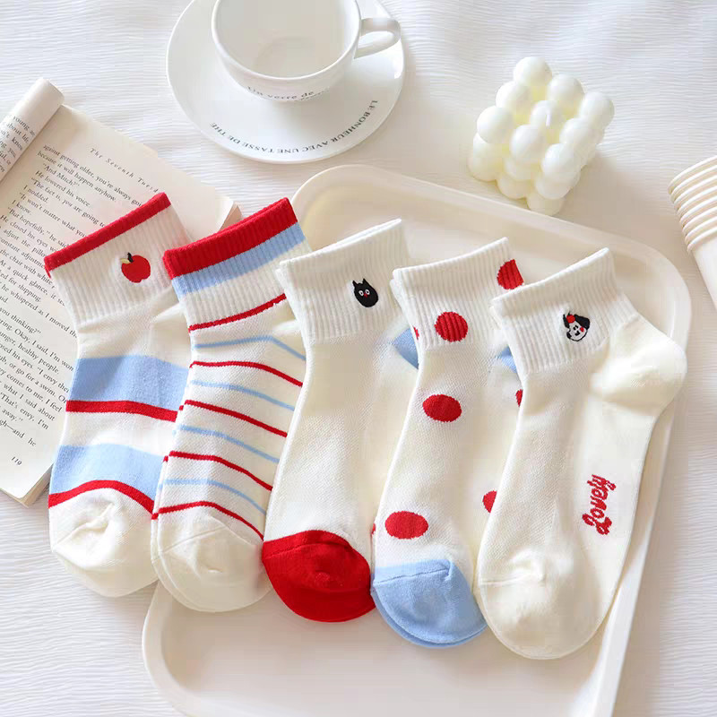 HOME818 ถุงเท้าข้อสั้น (5ลาย/10คู่) ถุงเท้าแฟชั่นเกาหลี เนื้อผ้านุ่มงานถักอย่าง ลาย B143/APPLE ...