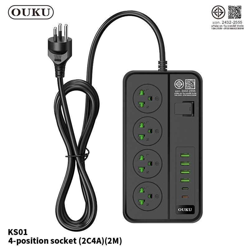 OUKU KS01 ปลั๊กพ่วง 10 ช่อง ( 4 socket + 2 Type-C + 4 USB) ชาร์จเร็ว 2300W ความยาวสาย 2 เมตร hc8 ...