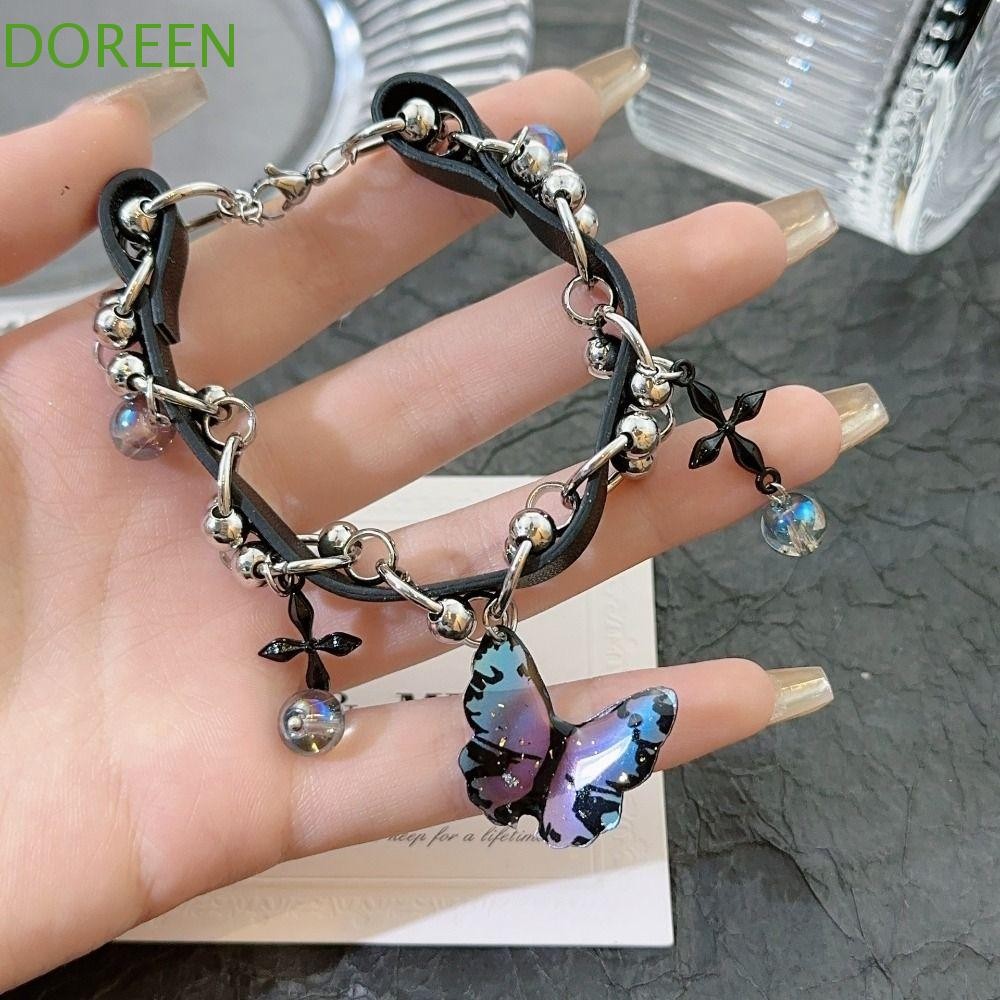 Doreen สร้อยข้อมือหนัง PU, เชือกมือลูกปัดสร้อยข้อมือผีเสื้อ, ส่วนบุคคลหวาน Punk อุปกรณ์เสริม Y2K ...