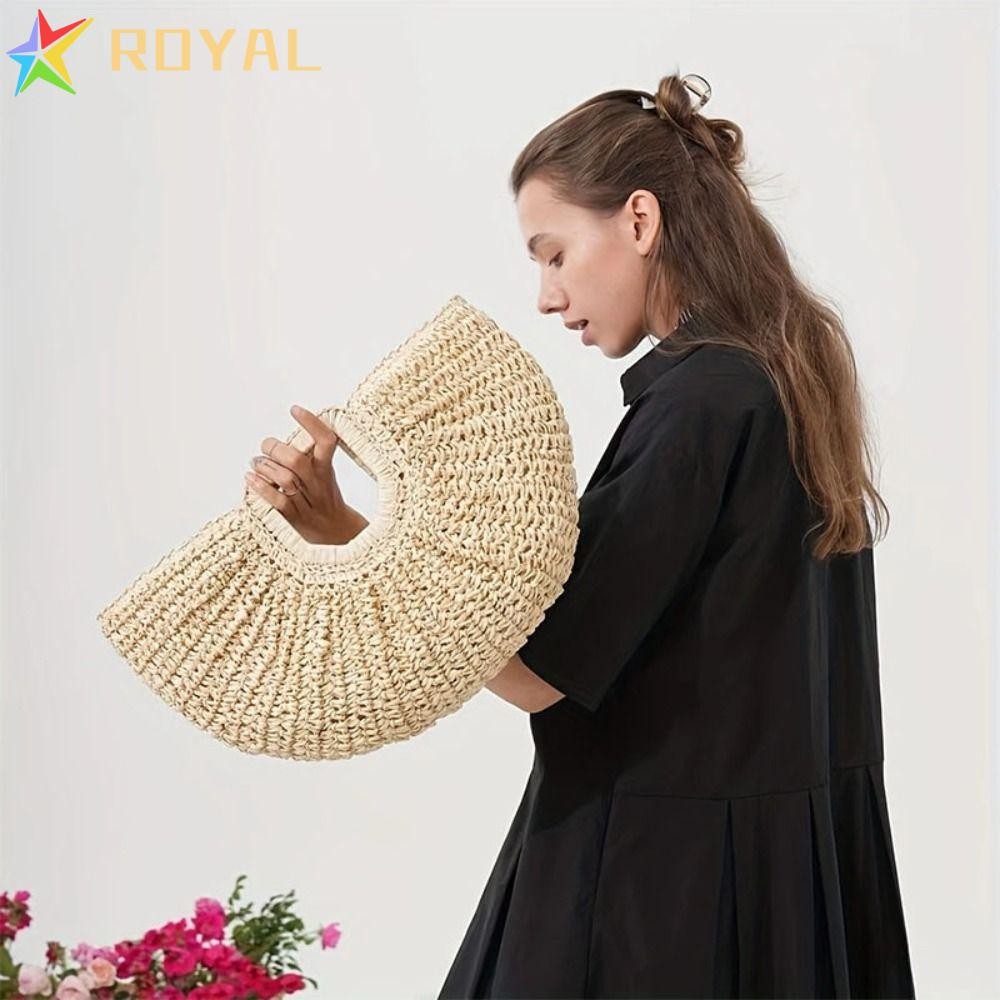 ROYAL Lafite Straw Bag, Handmade Half Moon Weave Tote Bag,อินเทรนด์ความ ...