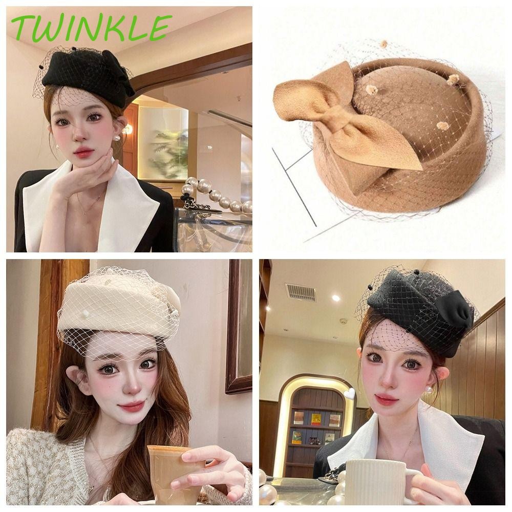 Twinkle1 หมวกโบว์ขนสัตว์พร้อมฝาปิด, หมวก Pillbox แคชเมียร์สไตล์อังกฤษ, แฟชั่นหวานการถ่ายภาพตก ...