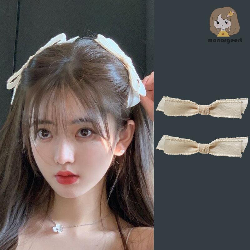 [LO] 2 ชิ้นสไตล์เกาหลีอินเทรนด์สีทึบผ้าตาข่ายโบว์ Duckbill คลิปกิ๊บติดผมหรูหราหวานน่ารัก ...