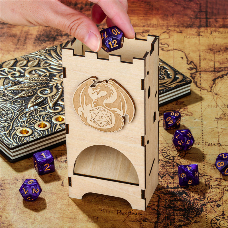 Creative Wooden Dice Tower Laser Pattern Gaming Dices Rolling Tray ...