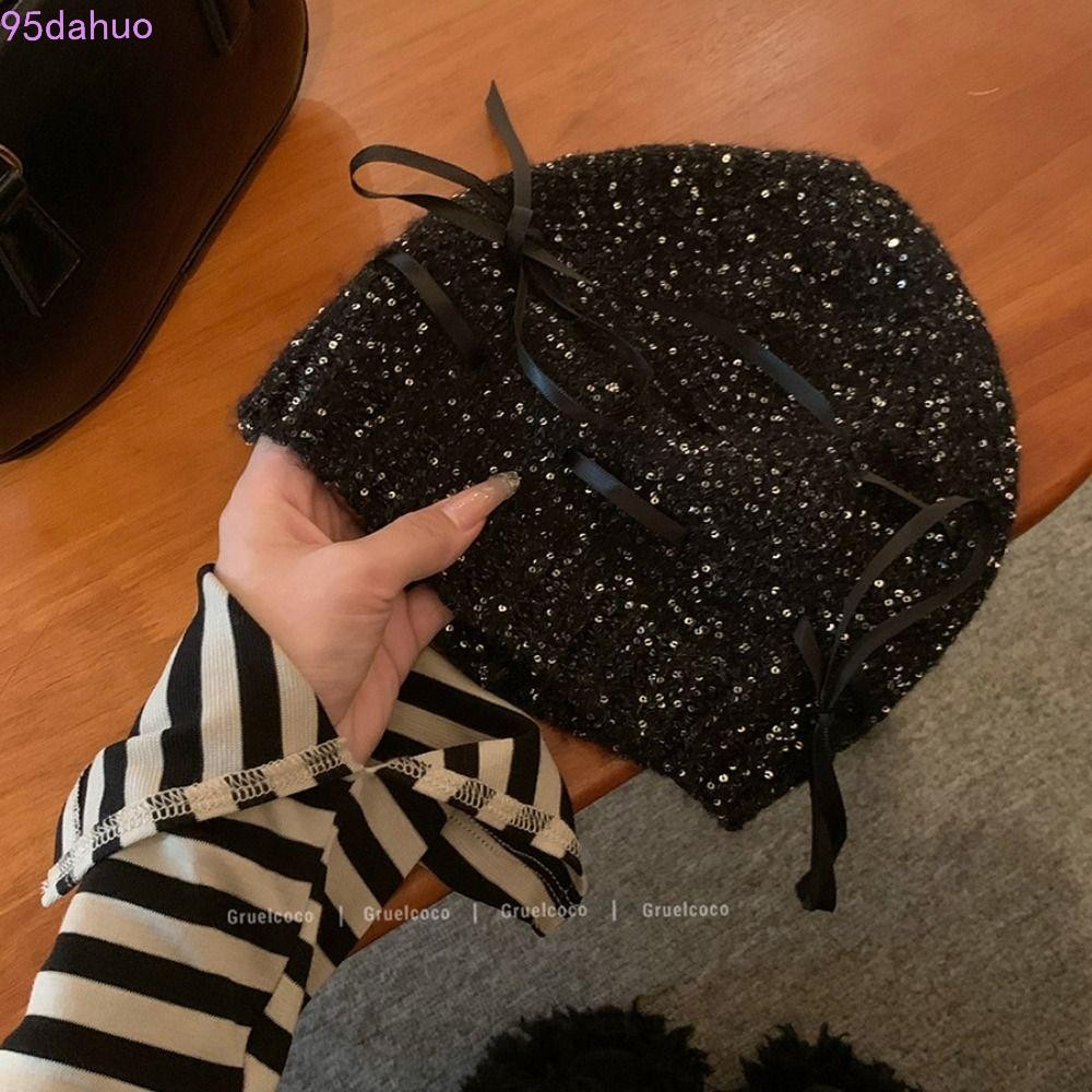 Dahuo Bowknot Beanies หมวก, โบว์เลื่อมสีดําถักหมวก, หมวกอบอุ่นน่ารักเกาหลีหมวกขนสัตว์ถักหมวก ...