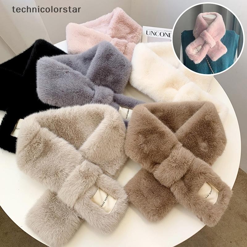 Trsr Fluffy Fur Collar ผ้าพันคอผู้หญิงอุ่นหนาขนสัตว์ Sjaal สีสัน Cross ...