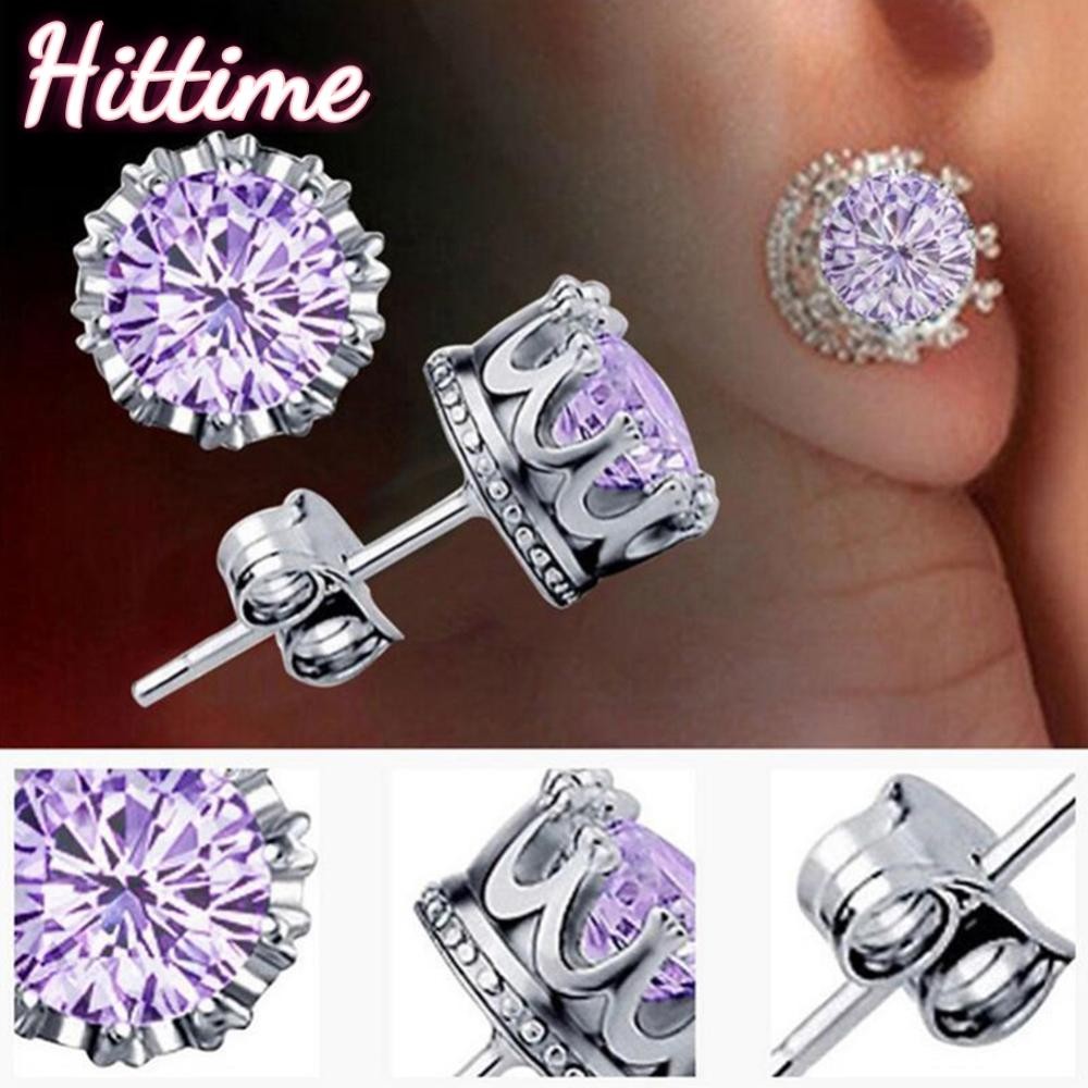 Hittime 1 คู่แฟชั่นประณีตคลาสสิก Shining Zircon Crown หูขนาดเล็ก Studs ผู้หญิงเครื่องประดับ ...