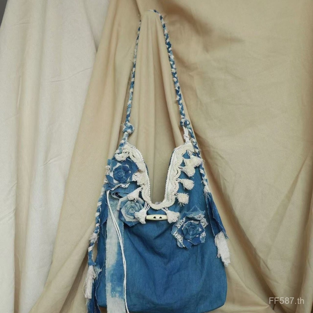 Pure Plant Blue Starch Dyeing] Dyeing Tassel Messenger Bag Large-ความจุ ...
