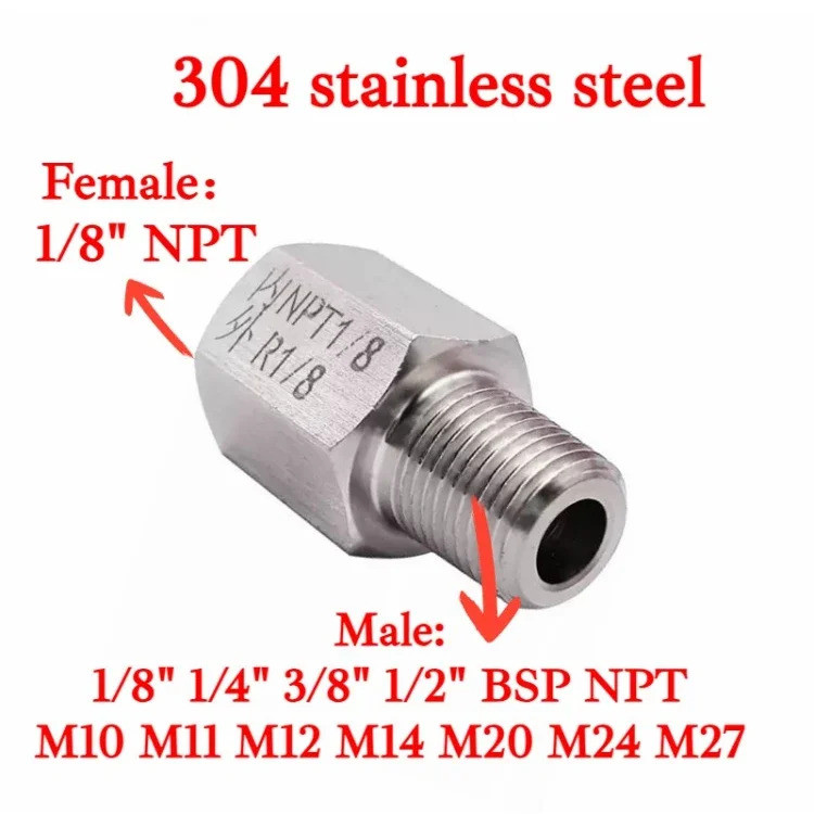 1/8" NPT ถึง M10 M12 1/8 1/4 3/8 BSP NPT Hex Bushing | อะแดปเตอร์เครื่องวัดความดันสูง 304 เอสเอส ...