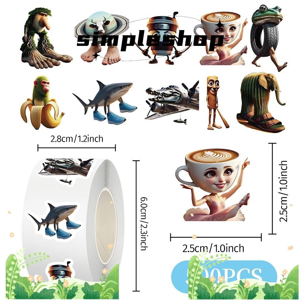 SIMPLESHOP 500 ชิ้น/ม้วน DIY สติกเกอร์, PVC อิตาเลี่ยน Brainrot AI บทคัดย่อปิดผนึกสติกเกอร์,สนุก ...