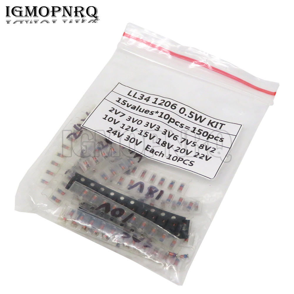 15มูลค่า *10 ชิ้น = 150 ชิ้น LL34 SMD Zener Diode Assorted Kit 1/2W 3V ...