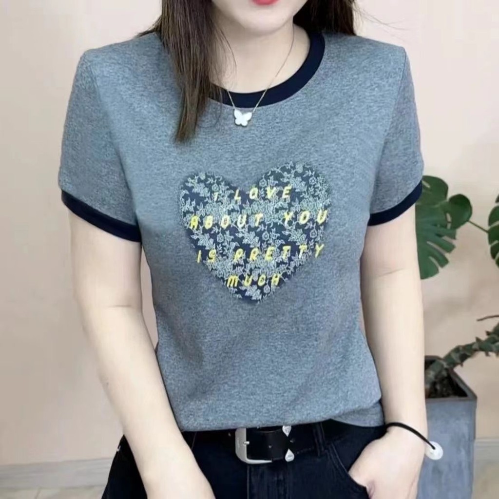 แฟชั่นฤดูร้อน All-Match Slim-fit Slimmer ดู Love Heart Design รอบคอแขน ...