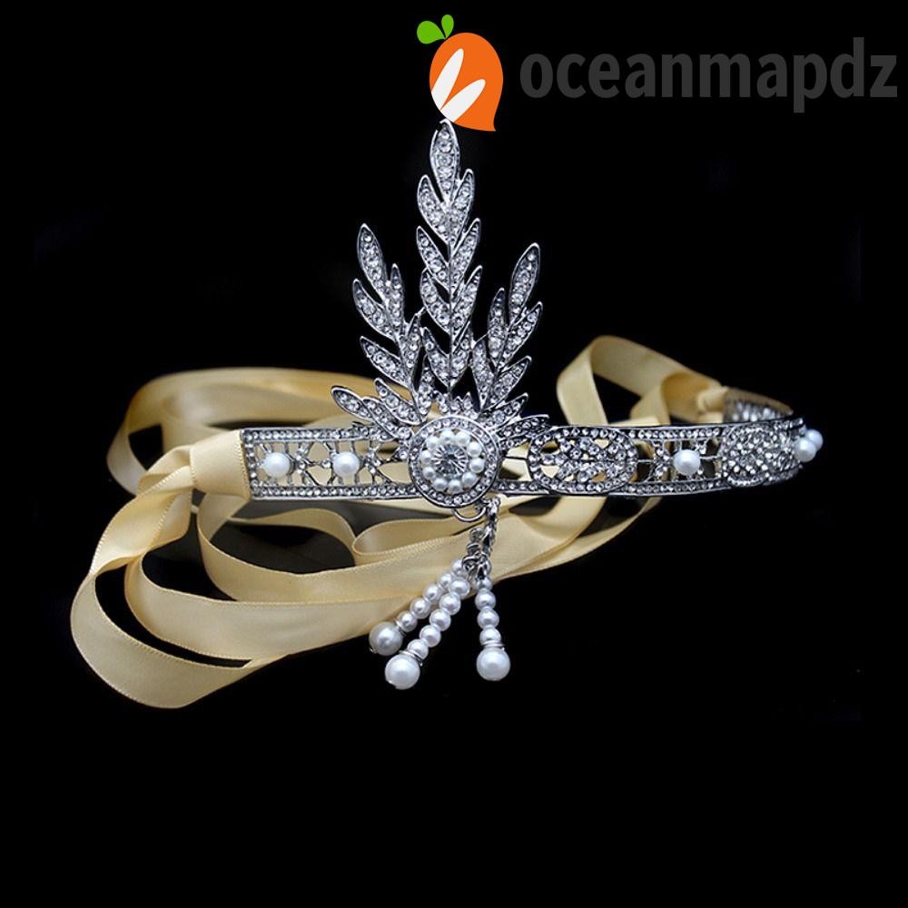 Oceanmapdz Leaf Headband ประณีต Vintage หวานอุปกรณ์เสริมผมเพชรยาวคริสตัลแถบคาดศีรษะ Gatsby คอสเ ...