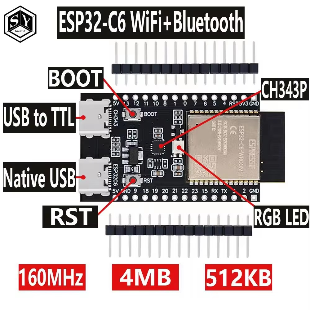 ESP32 / ESP32-C6 WiFi + บลูทูธอินเทอร์เน็ตของสิ่งที่ Dual Type-C Development Board Core Board ...