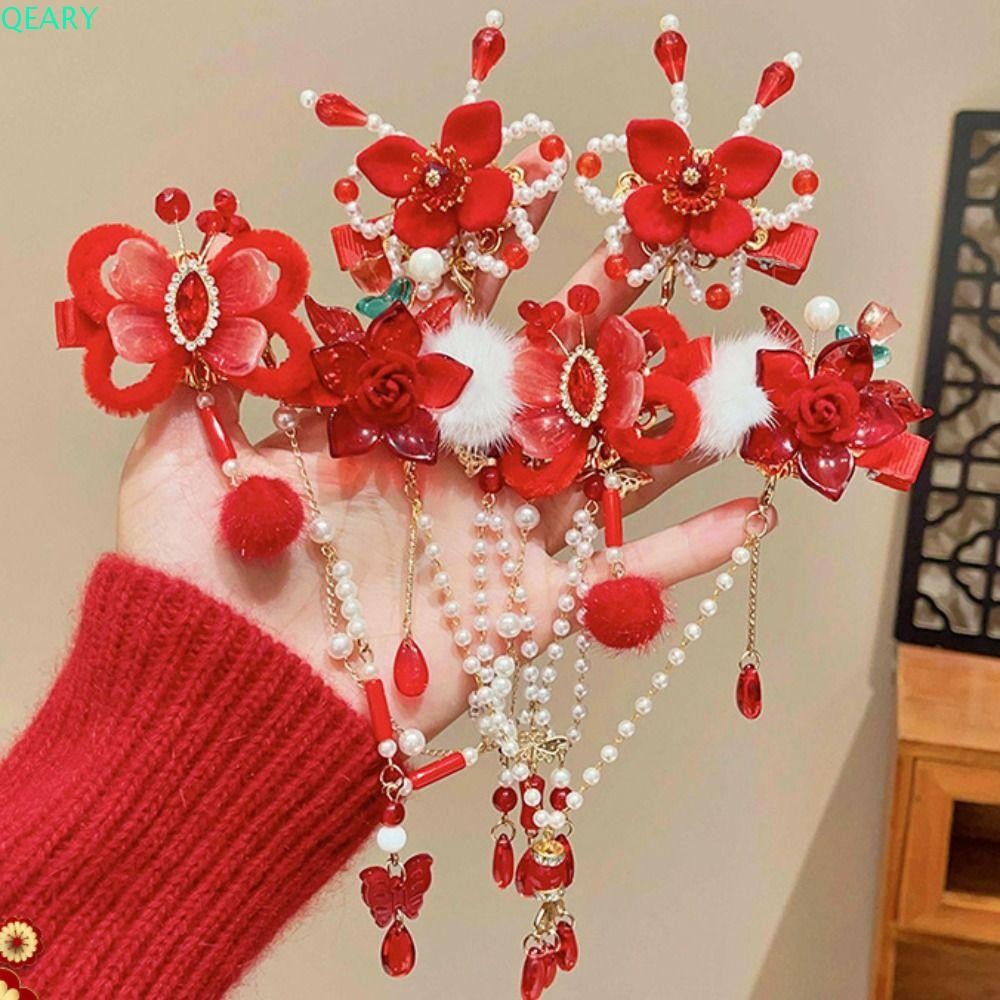 Qeary สไตล์จีน Red Barrettes, หน้าผาก Chain เจ้าหญิงเด็กปีใหม่ Hairpin ...