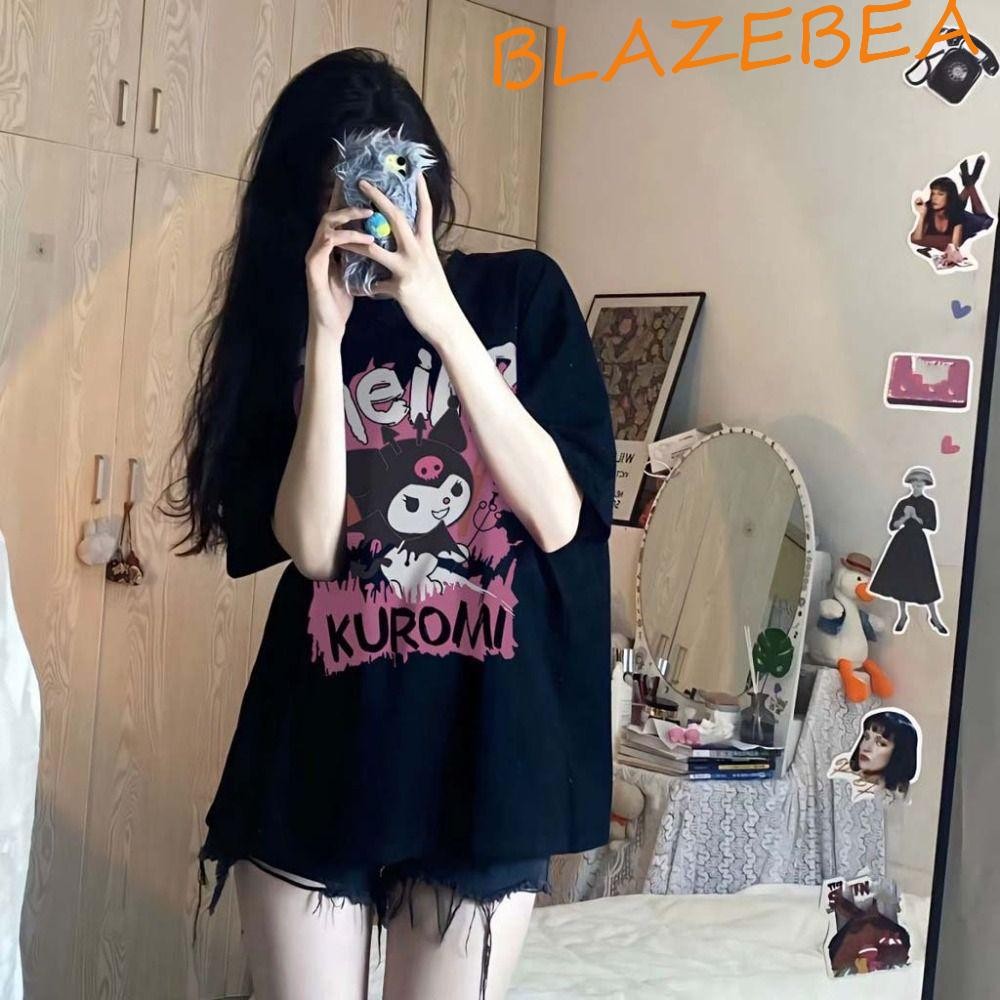 Blazebea Kuromi พิมพ์เสื้อยืด,ตัวอักษรสีดําการ์ตูน Kuromi แขนสั้นด้านบน,หวานขนาดใหญ่รอบคอหลวม ...
