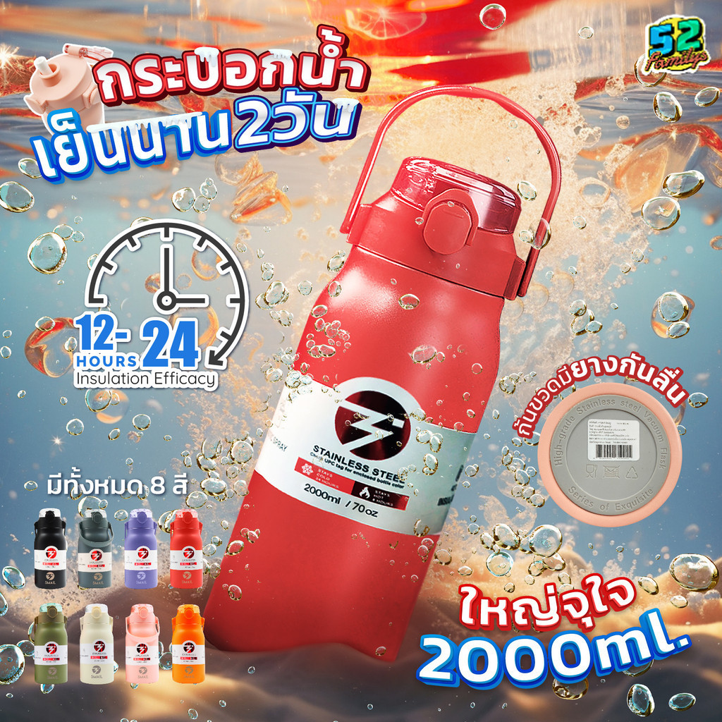 ขวดน้ำสแตนเลส ขวดเก็บความเย็น ขนาดใหญ่ 2ลิตร/2000ml สเตนเลส316 กระบอกน้ำเก็บอุณหภูมิ ของแท้รับ ...