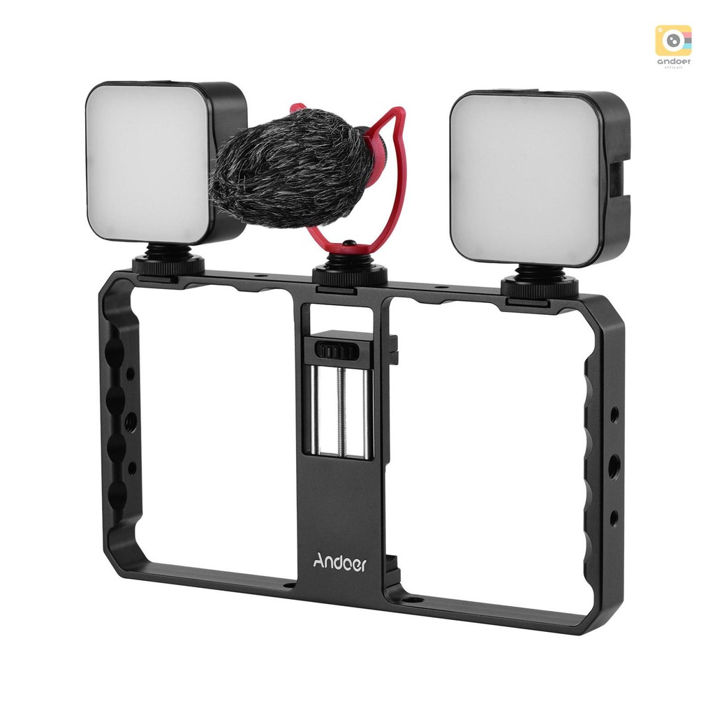 Andoer สมาร์ทโฟน Video Rig Grip พร้อม Rig Dual LED Light ไมโครโฟน Shock ...