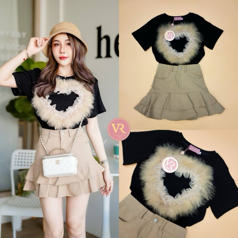 (พร้อมส่ง) hiso.Closet Vr23 Set เสื้อยืดแขนสั้น เนื้อผ้านุ่มเด้งดีมากๆค่ะ แต่งขนนกรูปหัวใจช่วง ...