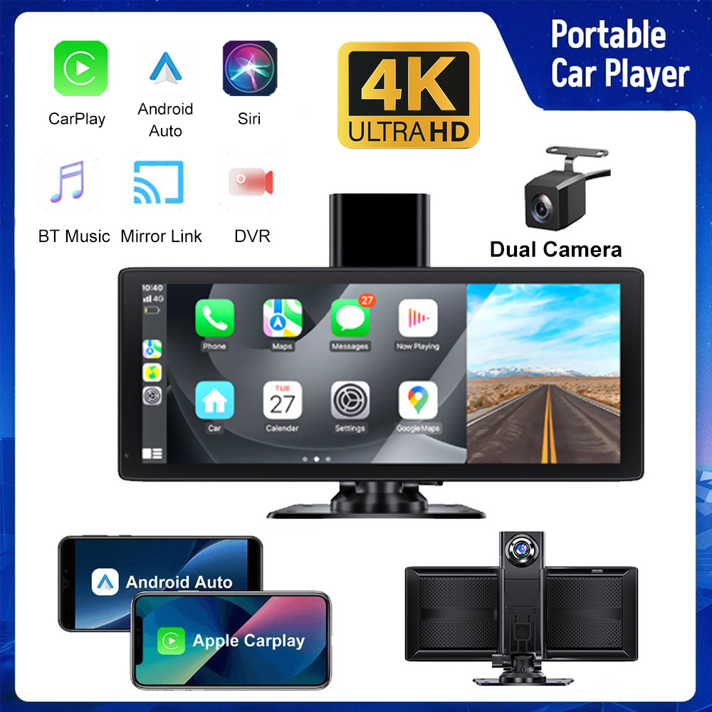 Carplay 4K Dash Cam WIFI Android Apple 10.26 ในด้านหน้าและด้านหลังดูกล้องควบคุมเสียงบลูทูธโทร FM ...